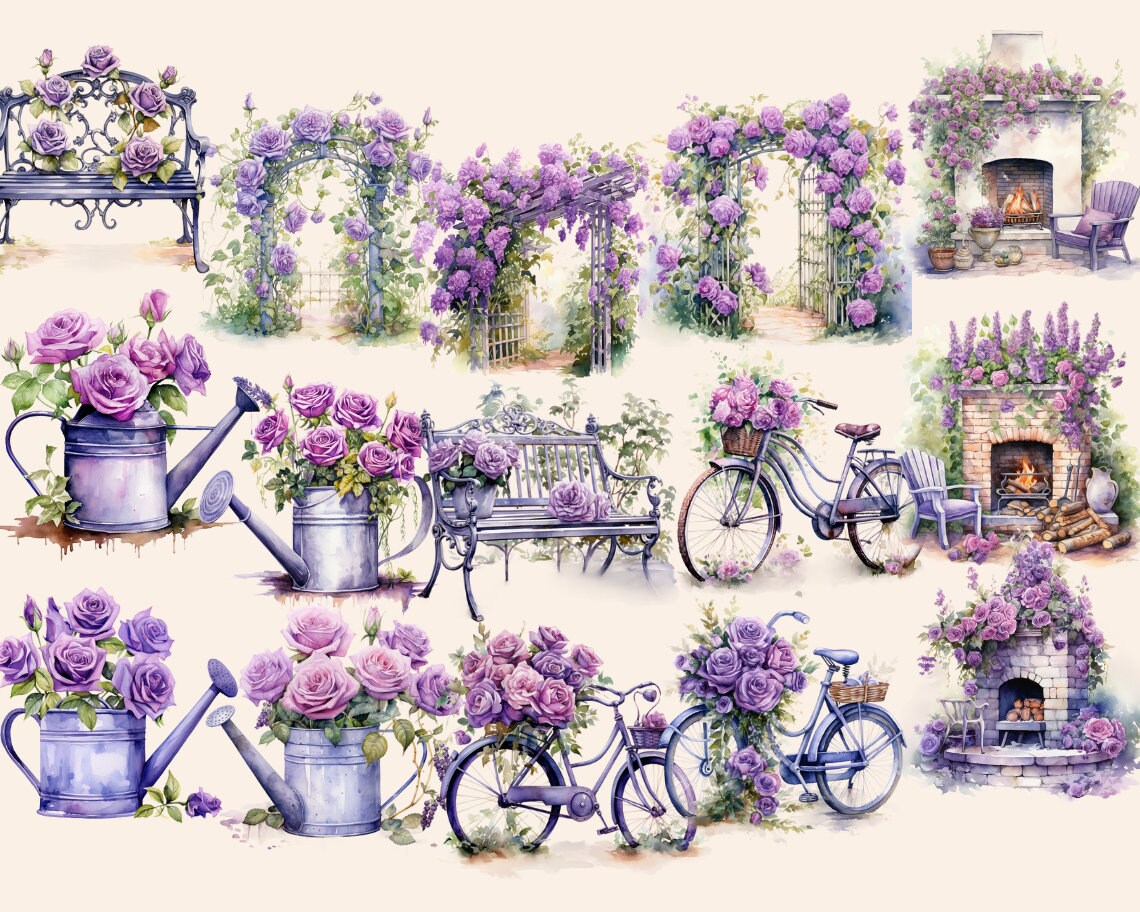 Purple Rose Garden Watercolor Clipart ,flower Garden, Floral Clipart ...