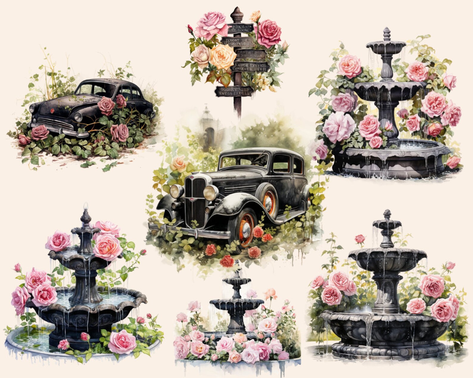 Dark Rose Garden Watercolor Clipart Dark Rose Garden PNG - Etsy