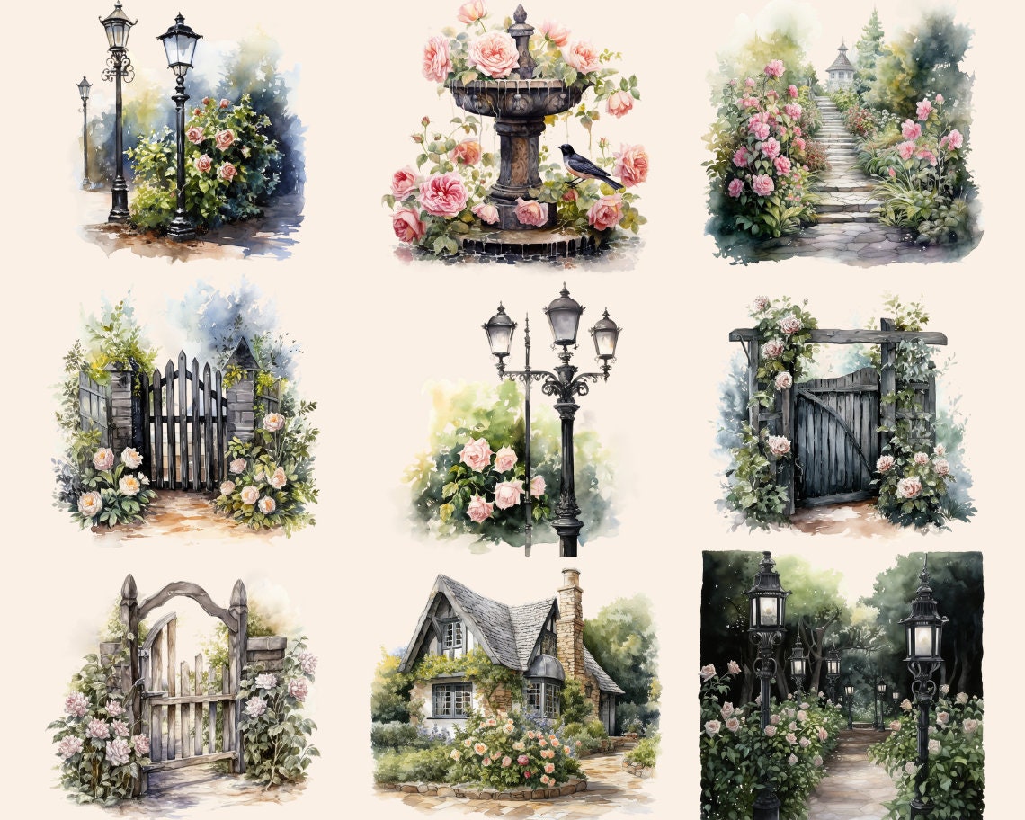Dark Rose Garden Watercolor Clipart Dark Rose Garden PNG - Etsy