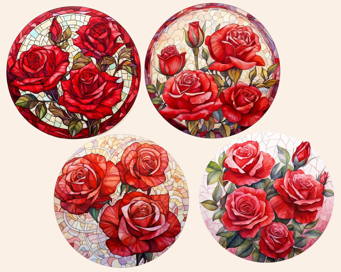 Red Rose Mosaic Clipart, Watercolor Mosaic Rose Clipart, Digital ...