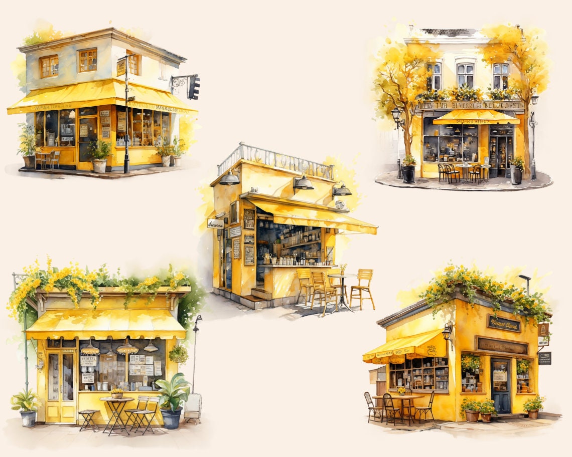 Yellow Coffee Shop Watercolor Clipart Cafe Clip Art Digital - Etsy