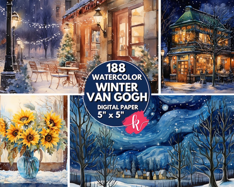 Winter Van Gogh Watercolor Digital Paper, Digital Art, Moon Art ...