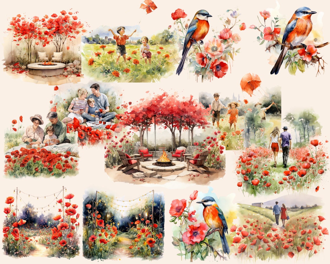 Poppy Garden Watercolor Clipart Bundle, Poppy Flowers Images, Flower ...