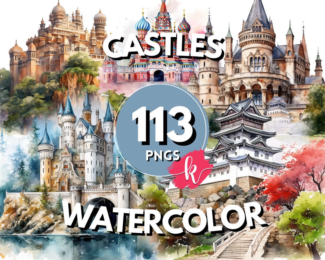 Castles Watercolor Clipart, Castle Scenery Landscapes, Medieval Clipart ...