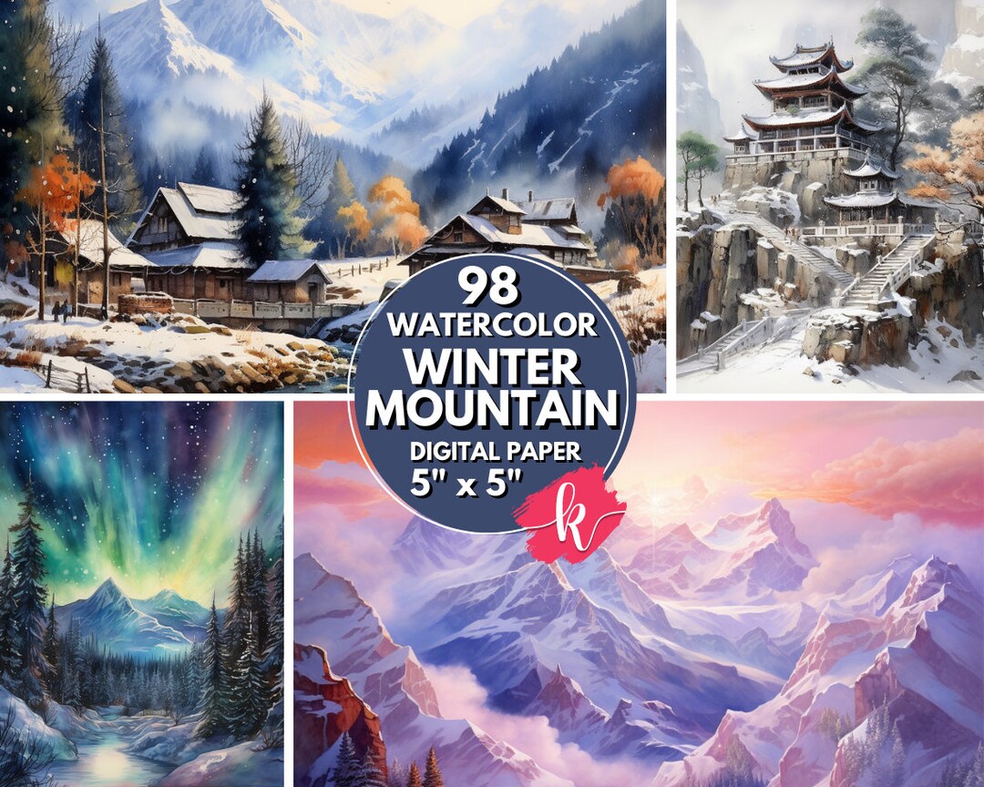 Winter Mountain Digital Paper, Winter Graphics PNG, Winter Landscape ...