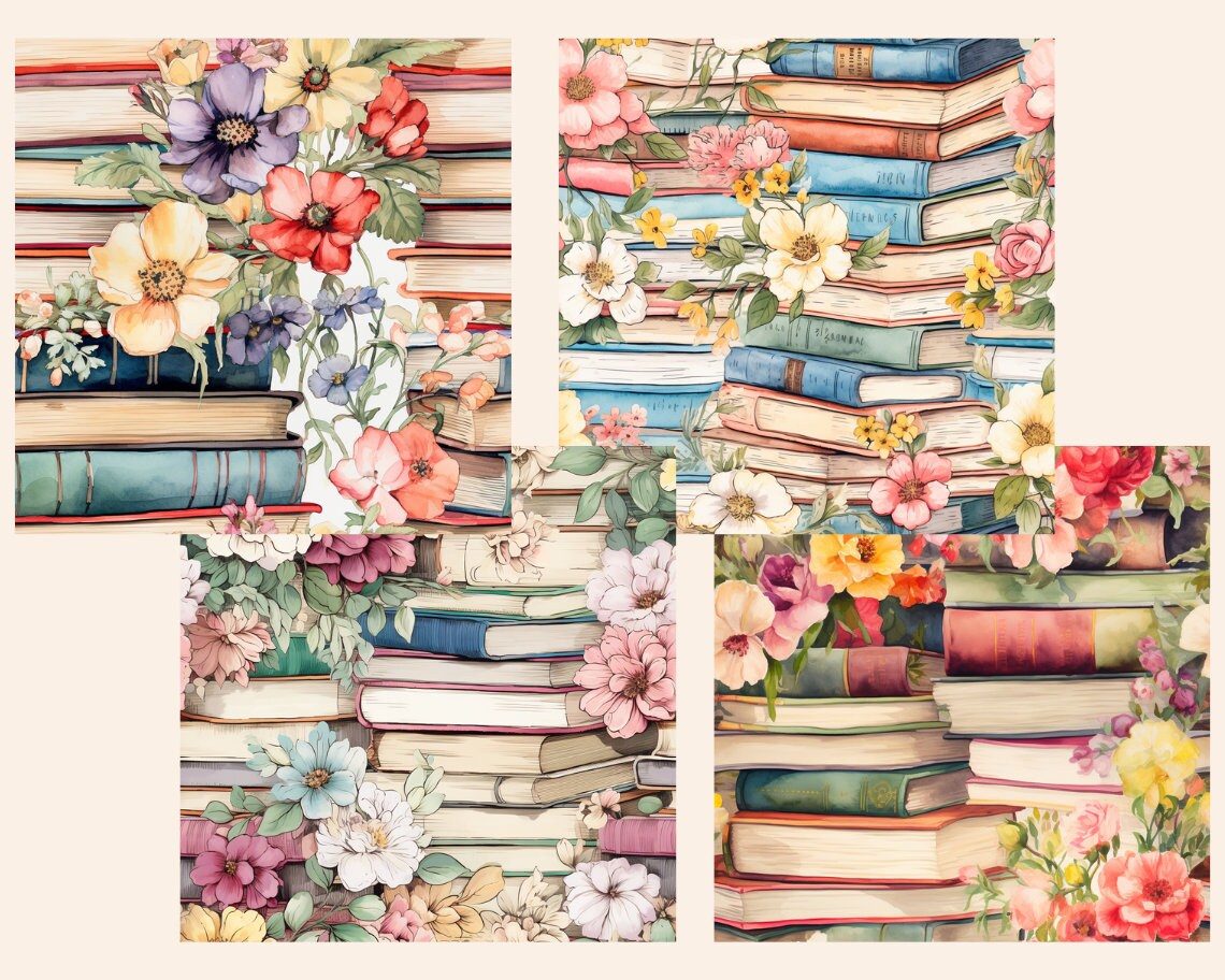 Floral Books Digital Paper, Seamless Pattern, Flower Books, Retro ...