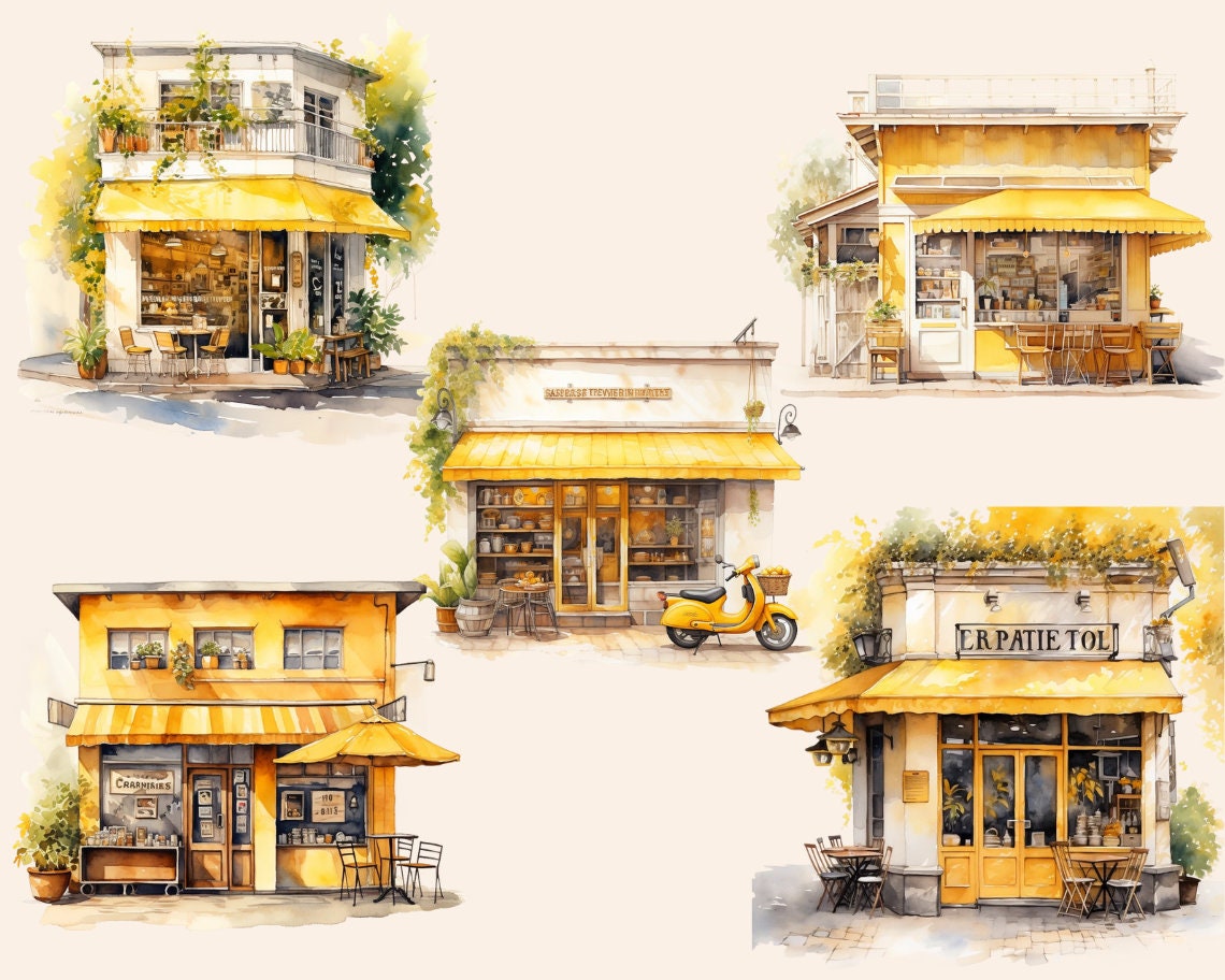 Yellow Coffee Shop Watercolor Clipart Cafe Clip Art Digital - Etsy