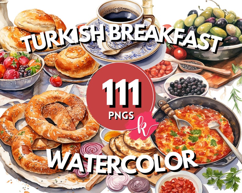 Turkish Breakfast Watercolor Clipart Food Clipart Turkey - Etsy