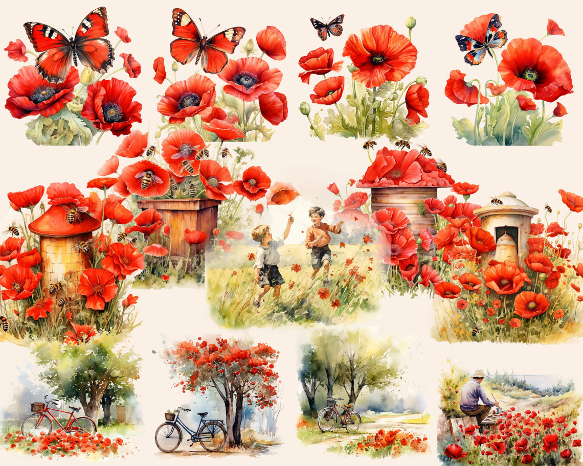 Poppy Garden Watercolor Clipart Bundle, Poppy Flowers Images, Flower ...