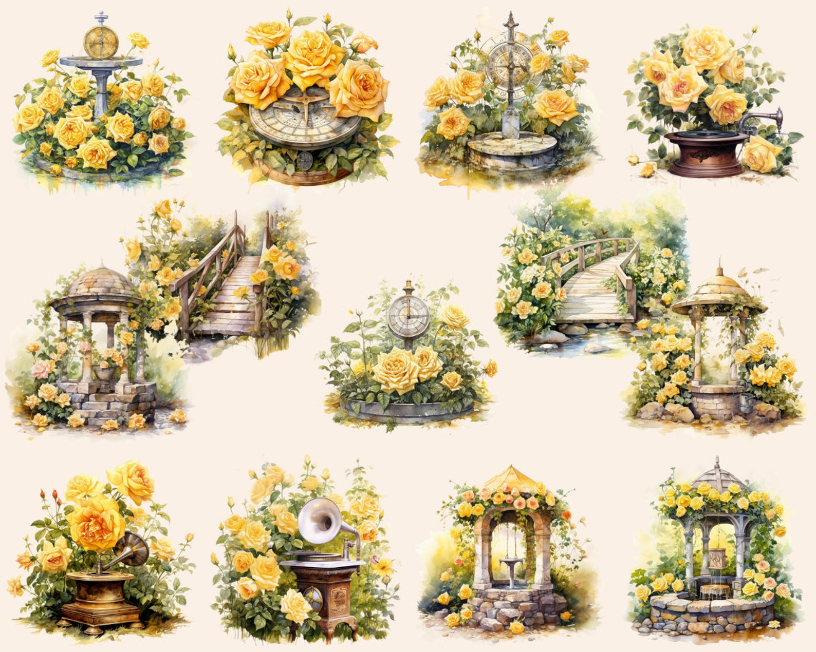 Yellow Rose Garden Watercolor Clipart, Yellow Rose Garden PNG, Yellow ...