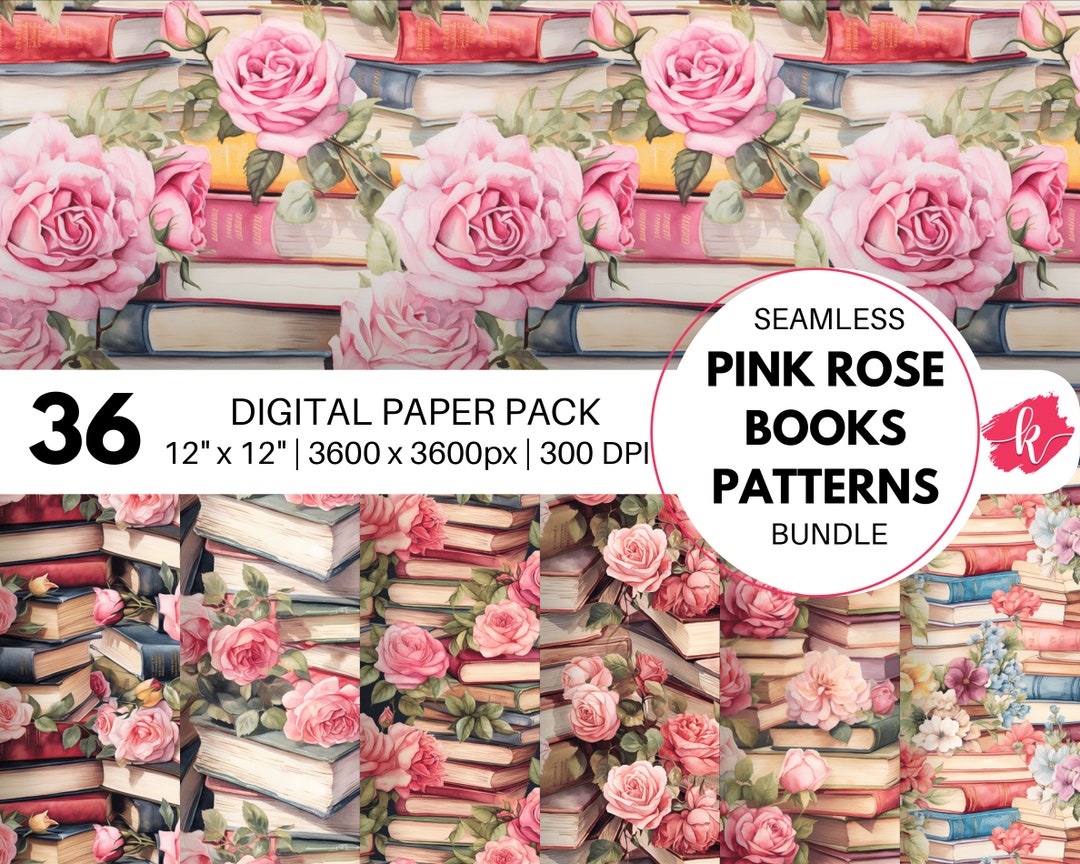 Pink Rose Books Digital Paper, Seamless Pattern, Floral Books, Retro ...
