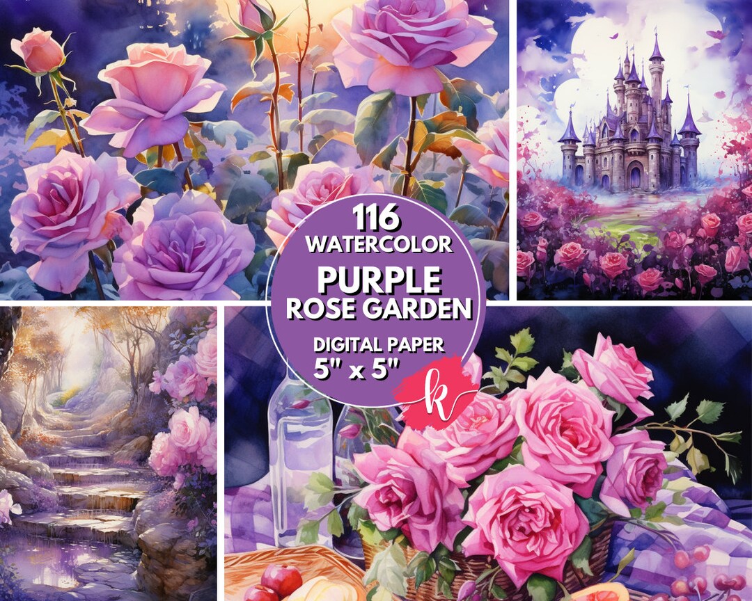 Purple Rose Garden Digital Paper, Rose Clipart, Watercolor Scrapbook ...