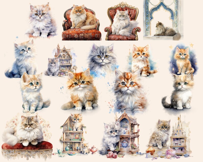 Persian Cats Watercolor Clipart Bundle Cat Images Cute - Etsy