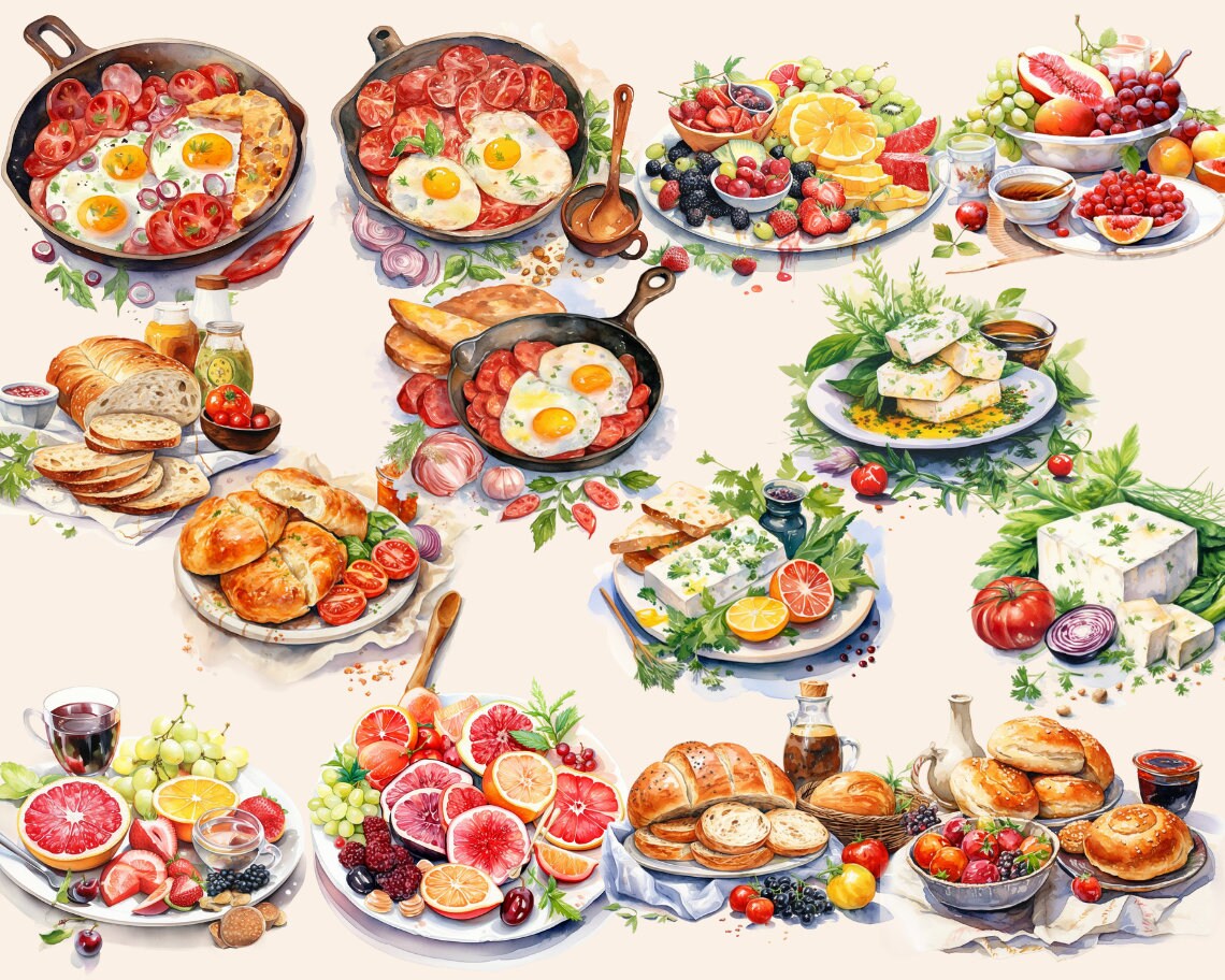 Turkish Breakfast Watercolor Clipart Food Clipart Turkey - Etsy