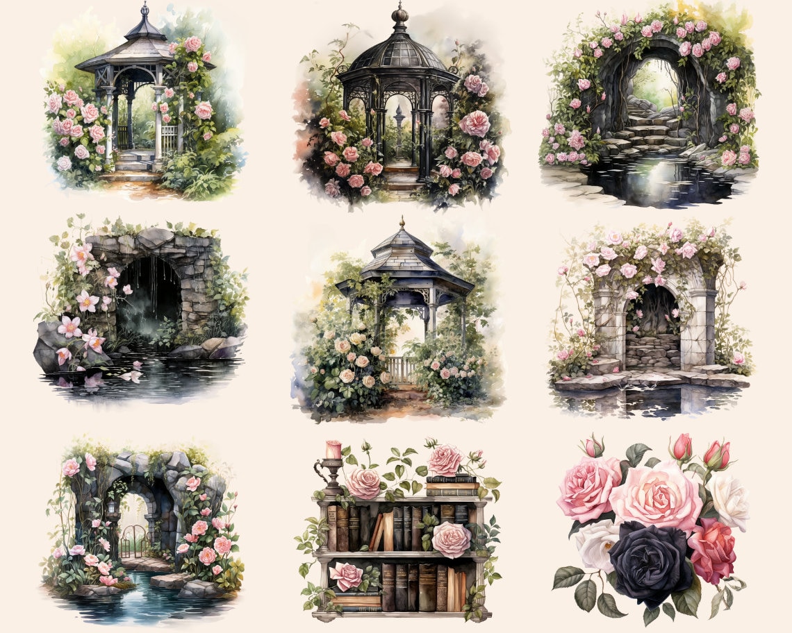 Dark Rose Garden Watercolor Clipart Dark Rose Garden PNG - Etsy