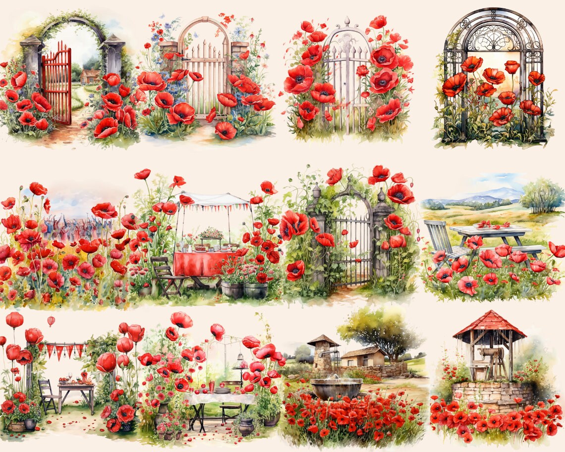 Poppy Garden Watercolor Clipart Bundle 101 PNG Poppy Flowers - Etsy