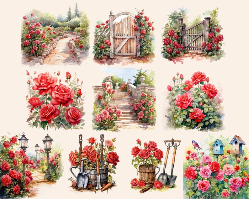 Red Rose Garden Watercolor Clipart, Flower Garden, Floral Clipart ...