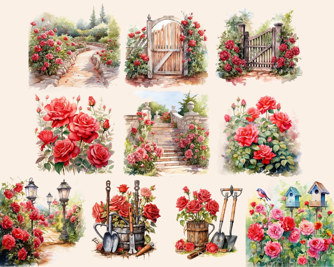 Red Rose Garden Watercolor Clipart, Flower Garden, Floral Clipart ...