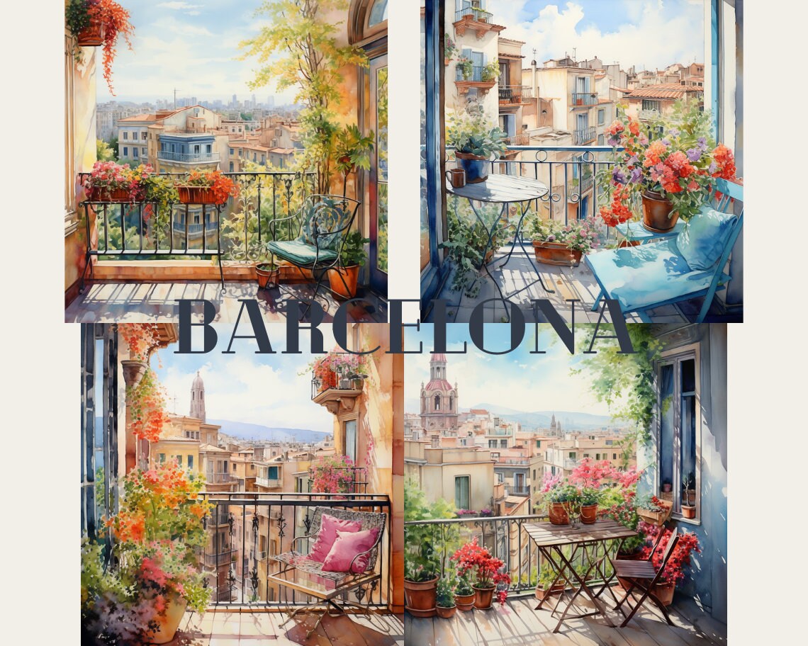 Balcony Watercolor Digital Paper, Travel Digital Paper, Scrapbook Paper ...