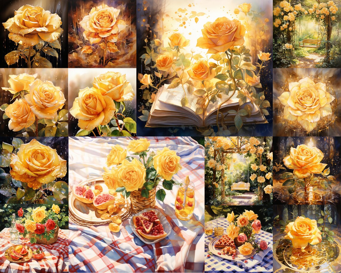 Golden Rose Garden Digital Paper Rose Clipart Watercolor - Etsy
