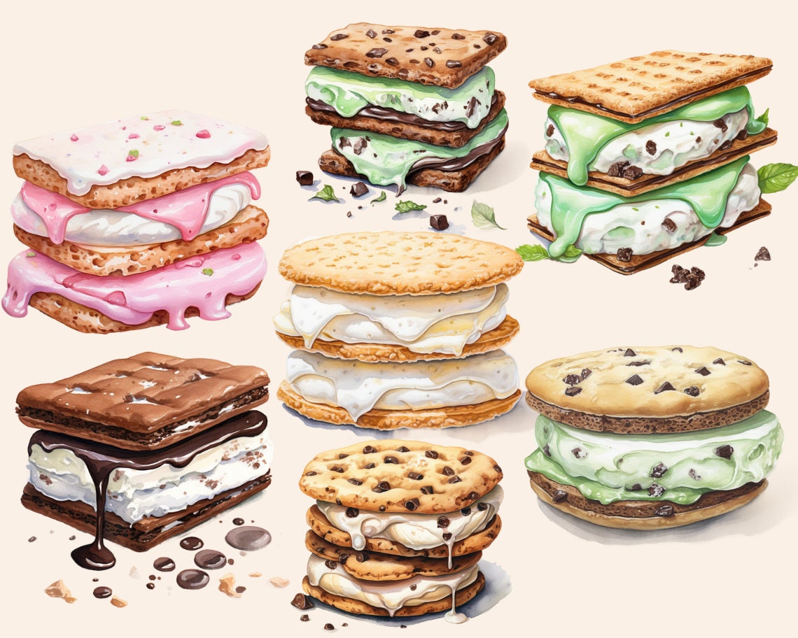 Ice Cream Sandwich Watercolor Clipart Bundle, Sweet Clipart, Dessert ...
