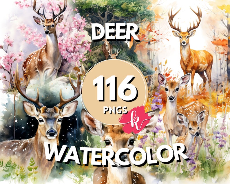 Deer Watercolor Clipart Bundle, Doe Images, Wildlife Graphics, Nature ...