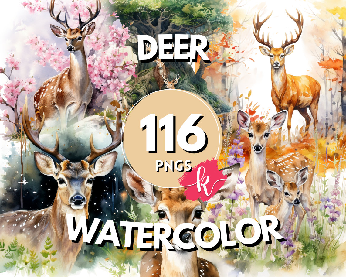 Deer Watercolor Clipart Bundle, Doe Images, Wildlife Graphics, Nature ...