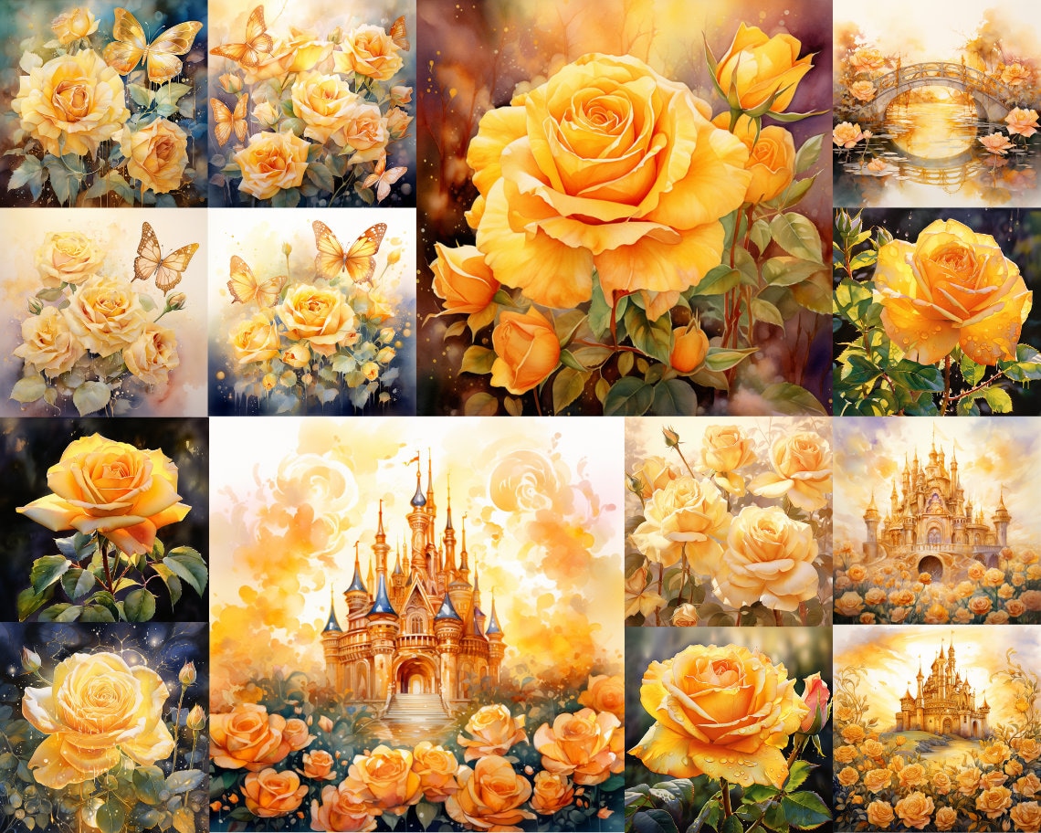 Golden Rose Garden Digital Paper Rose Clipart Watercolor - Etsy