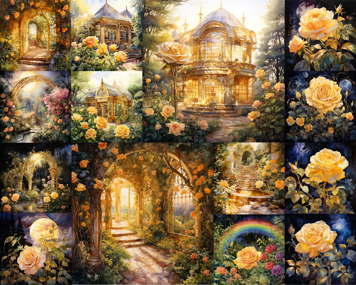 Golden Rose Garden Digital Paper Rose Clipart Watercolor - Etsy
