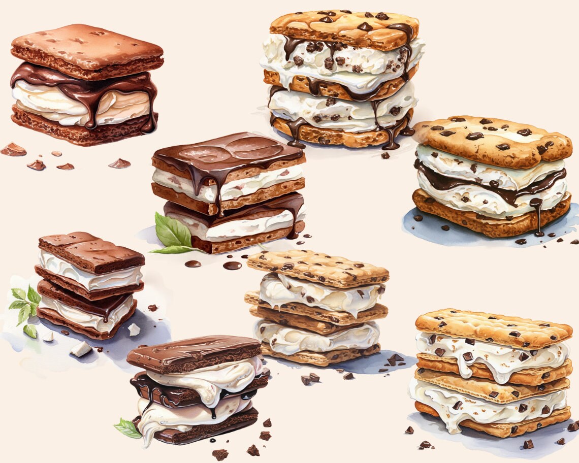 Ice Cream Sandwich Watercolor Clipart Bundle, Sweet Clipart, Dessert ...