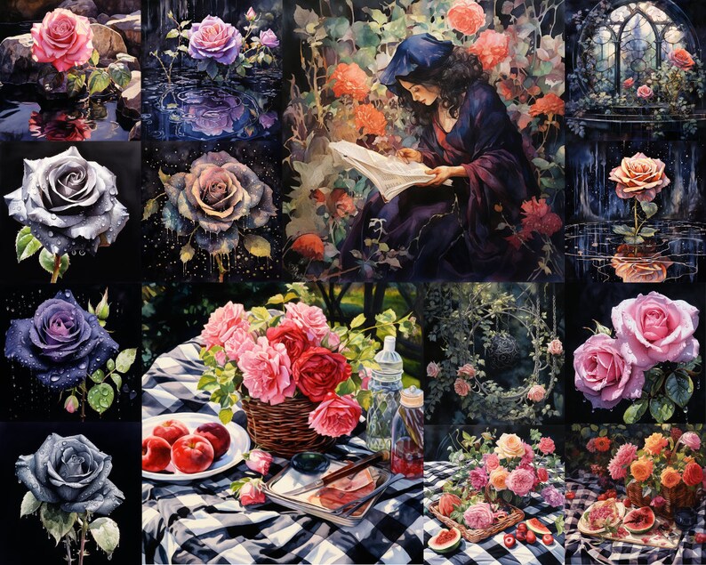 Dark Rose Garden Digital Paper, Rose Clipart, Watercolor Scrapbook ...