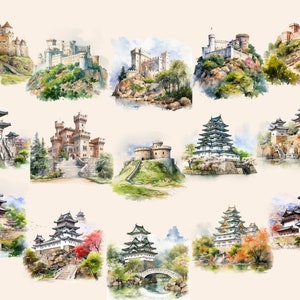 Castles Watercolor Clipart, Castle Scenery Landscapes, Medieval Clipart ...