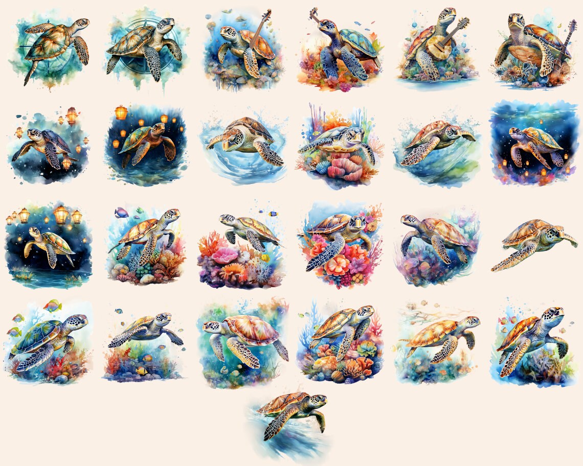 Sea Turtle Watercolor Clipart Bundle, Colorful Turtle, Nautical Clipart ...