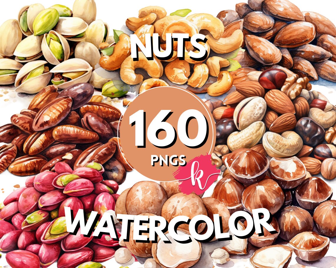 Nuts Watercolor Clipart Bundle, Wallnut PNG, Almond PNG, Nuts Clipart ...