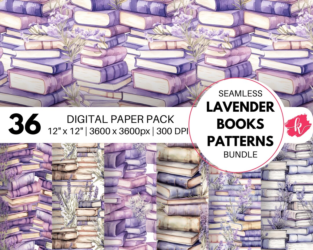 Lavender Books Digital Paper, Seamless Pattern, Flower Books, Retro ...