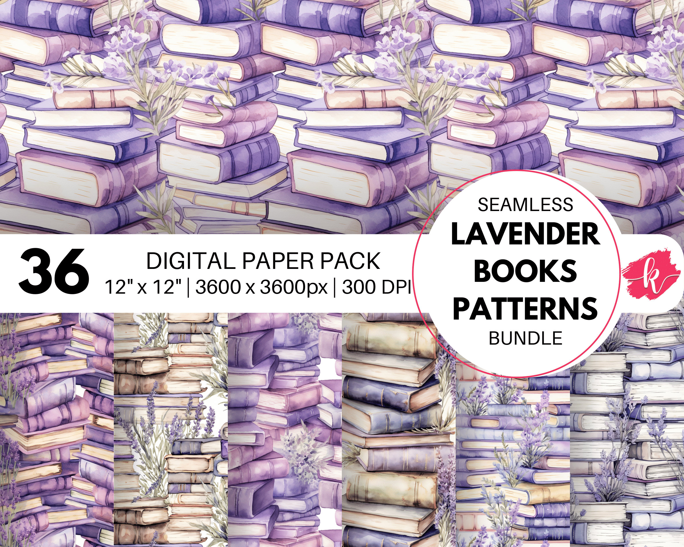 Lavender Books Digital Paper, Seamless Pattern, Flower Books, Retro ...