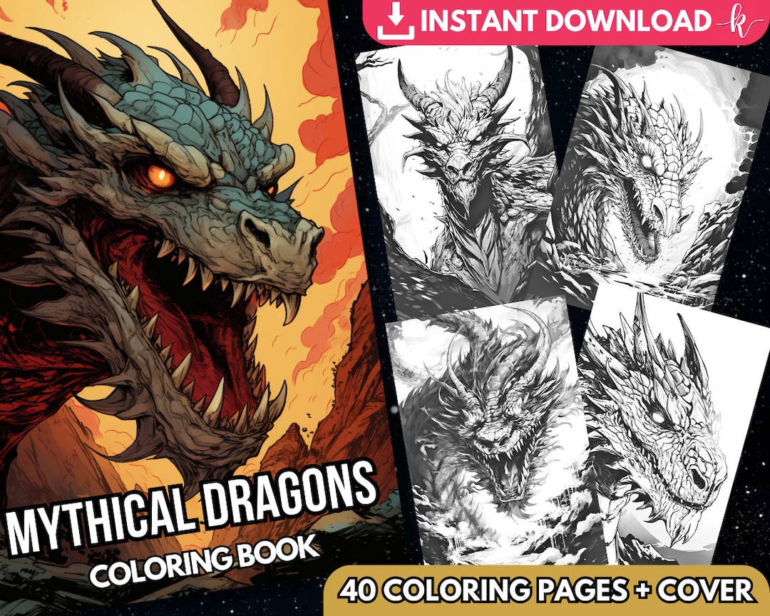 Mythical Dragon Fantasy Coloring Page Book, Adults Kids, Instant ...