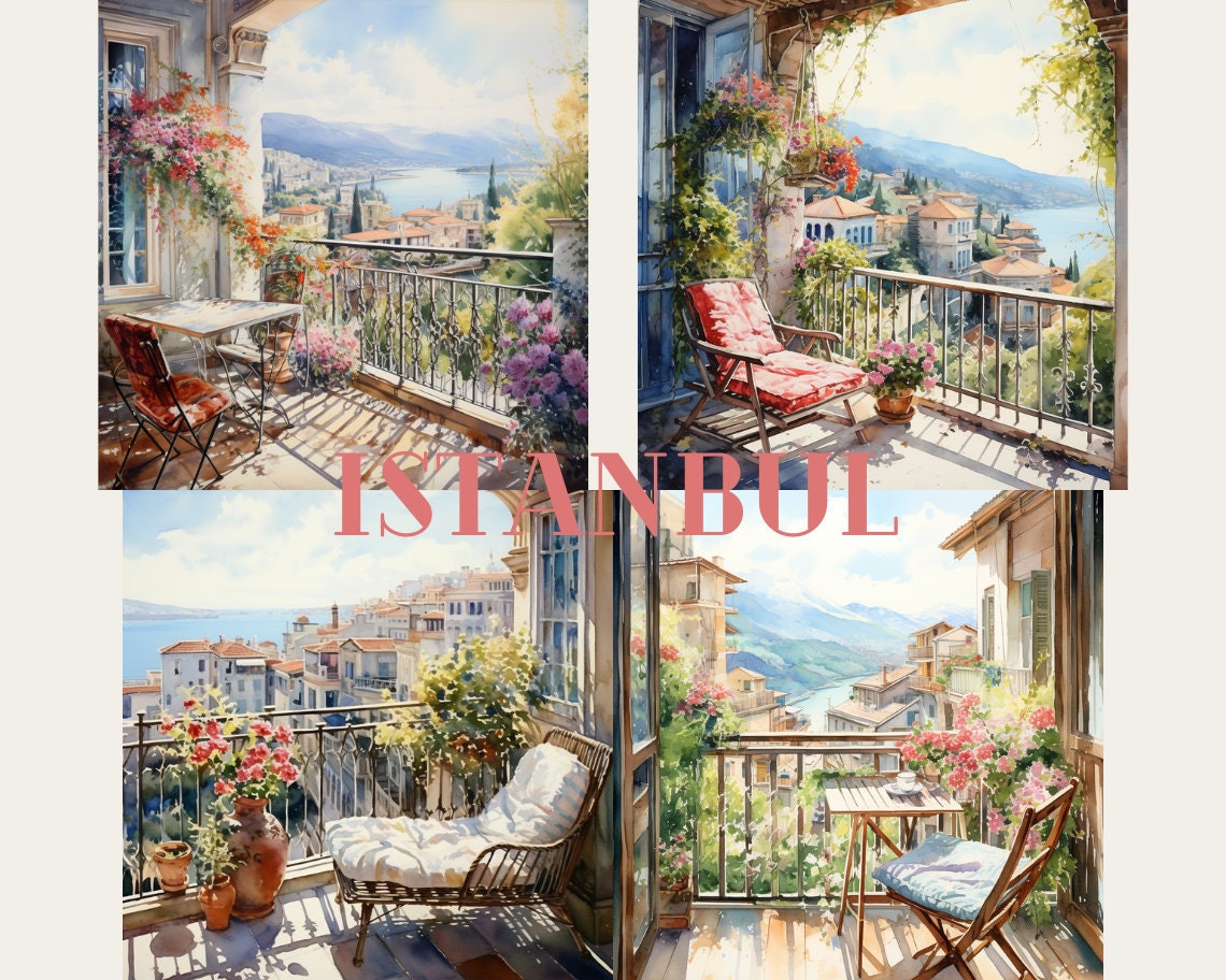Balcony Watercolor Digital Paper, Travel Digital Paper, Scrapbook Paper ...