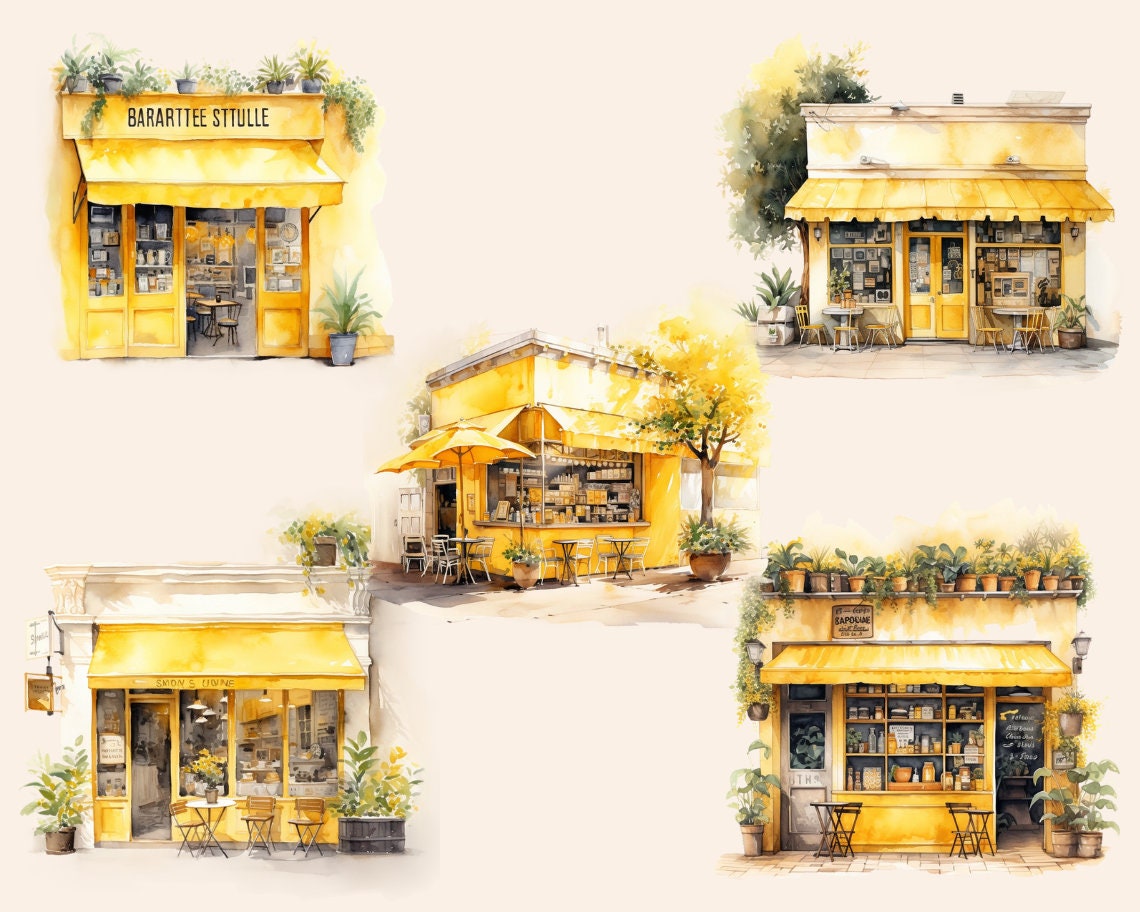 Yellow Coffee Shop Watercolor Clipart Cafe Clip Art Digital - Etsy
