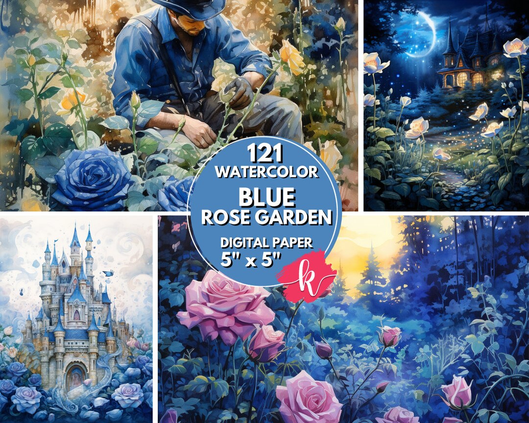 Blue Rose Garden Digital Paper, Rose Clipart, Watercolor Scrapbook ...