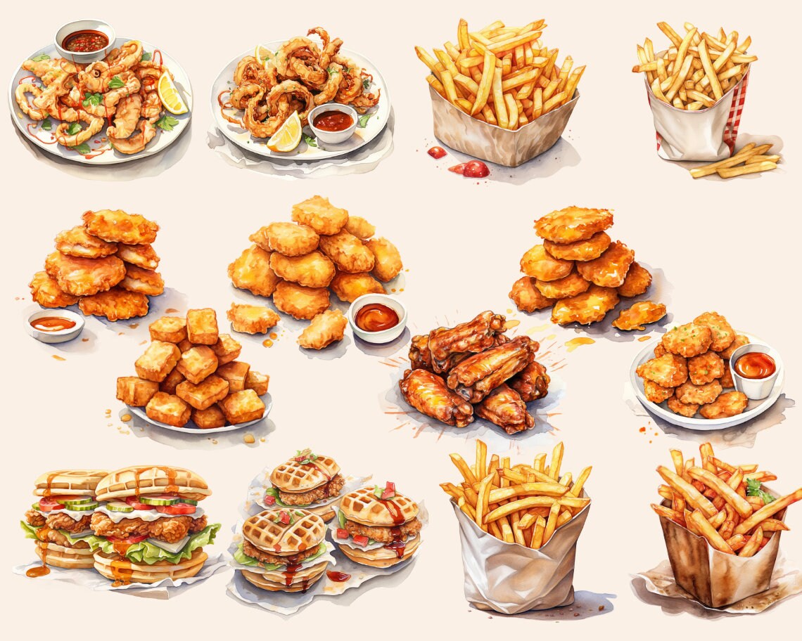 Fast Food Watercolor Clipart Bundle, Fast Food Clipart, Fast Food PNG ...