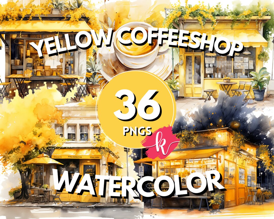 Yellow Coffee Shop Watercolor Clipart, Cafe Clip Art, Digital Art ...