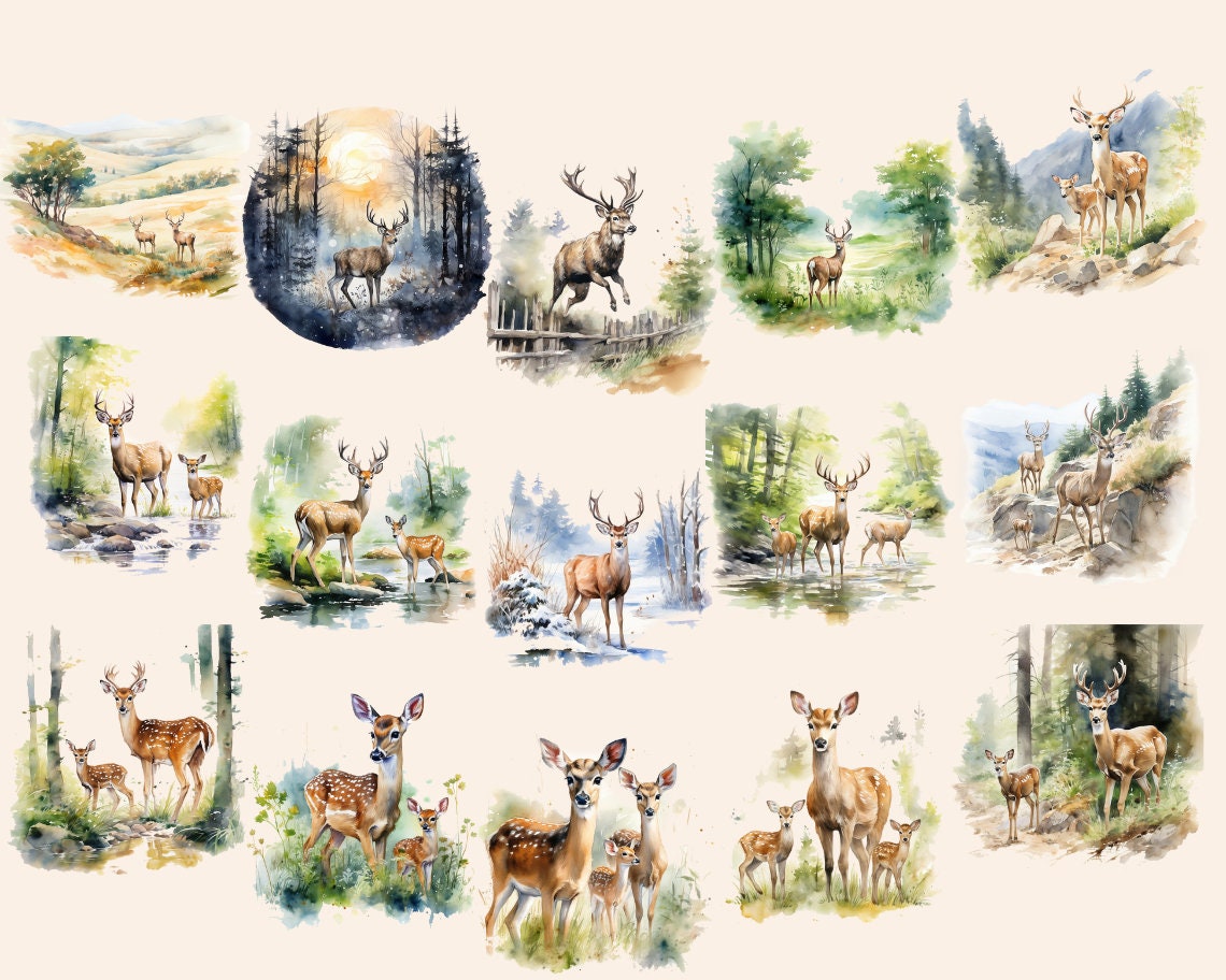 Deer Watercolor Clipart Bundle, Doe Images, Wildlife Graphics, Nature ...