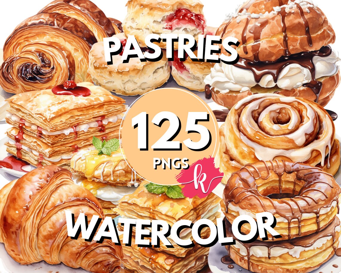 Pastry Watercolor Clipart, Bakery Clipart, French Pastry, Sweet Treat ...