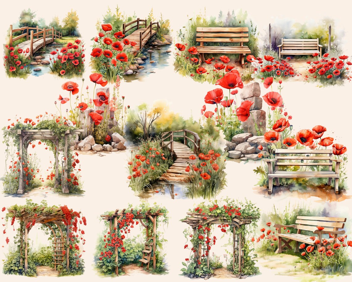 Poppy Garden Watercolor Clipart Bundle, Poppy Flowers Images, Flower ...