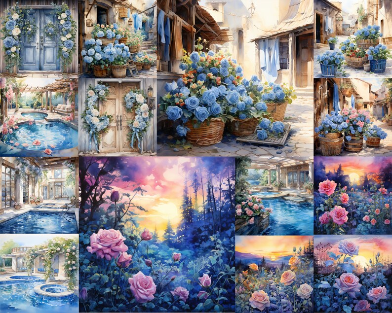 Blue Rose Garden Digital Paper Rose Clipart Watercolor - Etsy