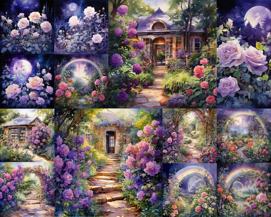 Purple Rose Garden Digital Paper Rose Clipart Watercolor - Etsy