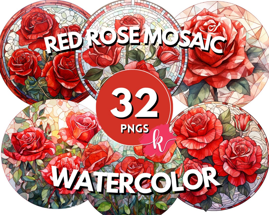 Red Rose Mosaic Clipart, Watercolor Mosaic Rose Clipart, Digital ...