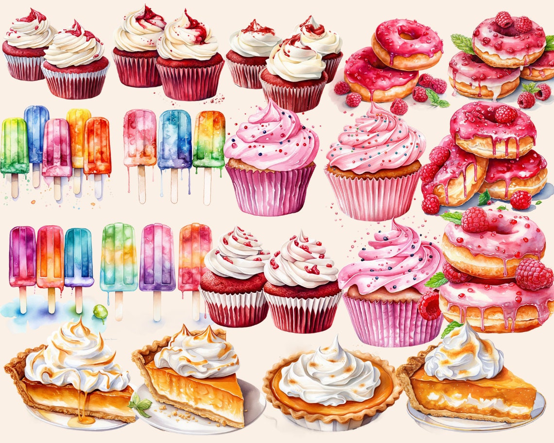 Sweet Treats Watercolor Clipart Bundle, Sweet Desserts, Cupcakes ...