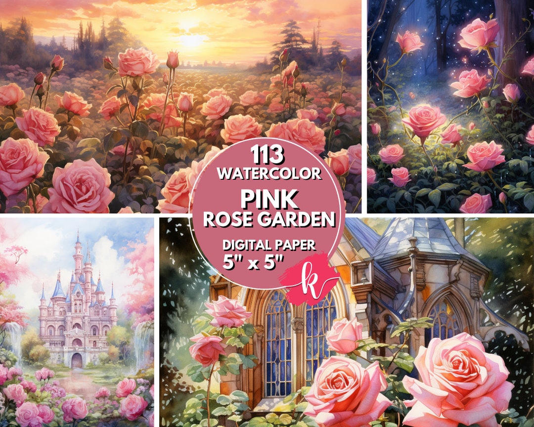 Pink Rose Garden Digital Paper, Rose Clipart, Watercolor Scrapbook ...